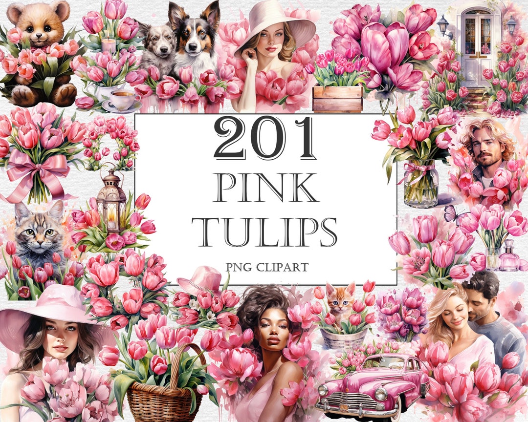 Pink Tulips Watercolor Clipart Bundle, 201 PNG Tulip Flower Images ...