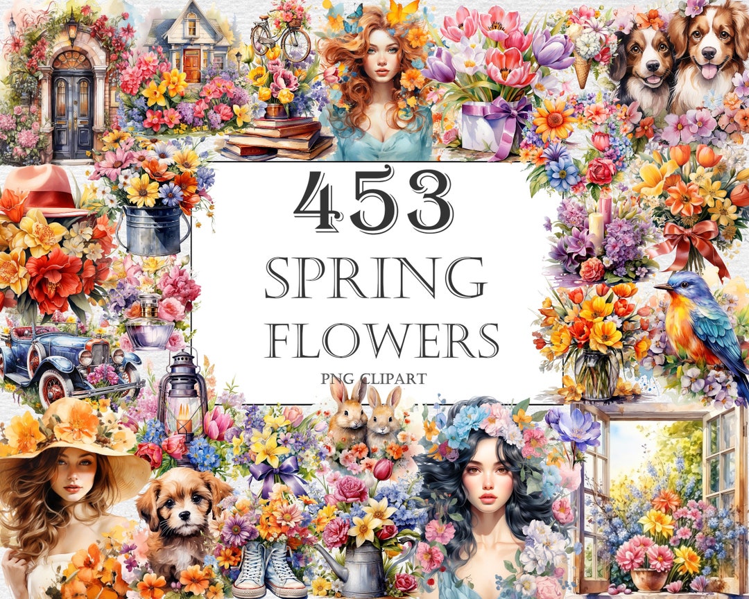 Spring Flowers Watercolor Clipart Bundle - 453 PNG Flower Images ...