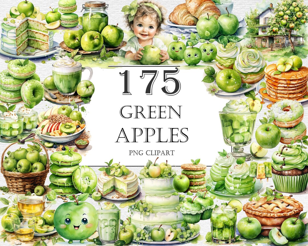 Green Apples Watercolor Clipart Bundle - 175 PNG Images of Refreshing ...
