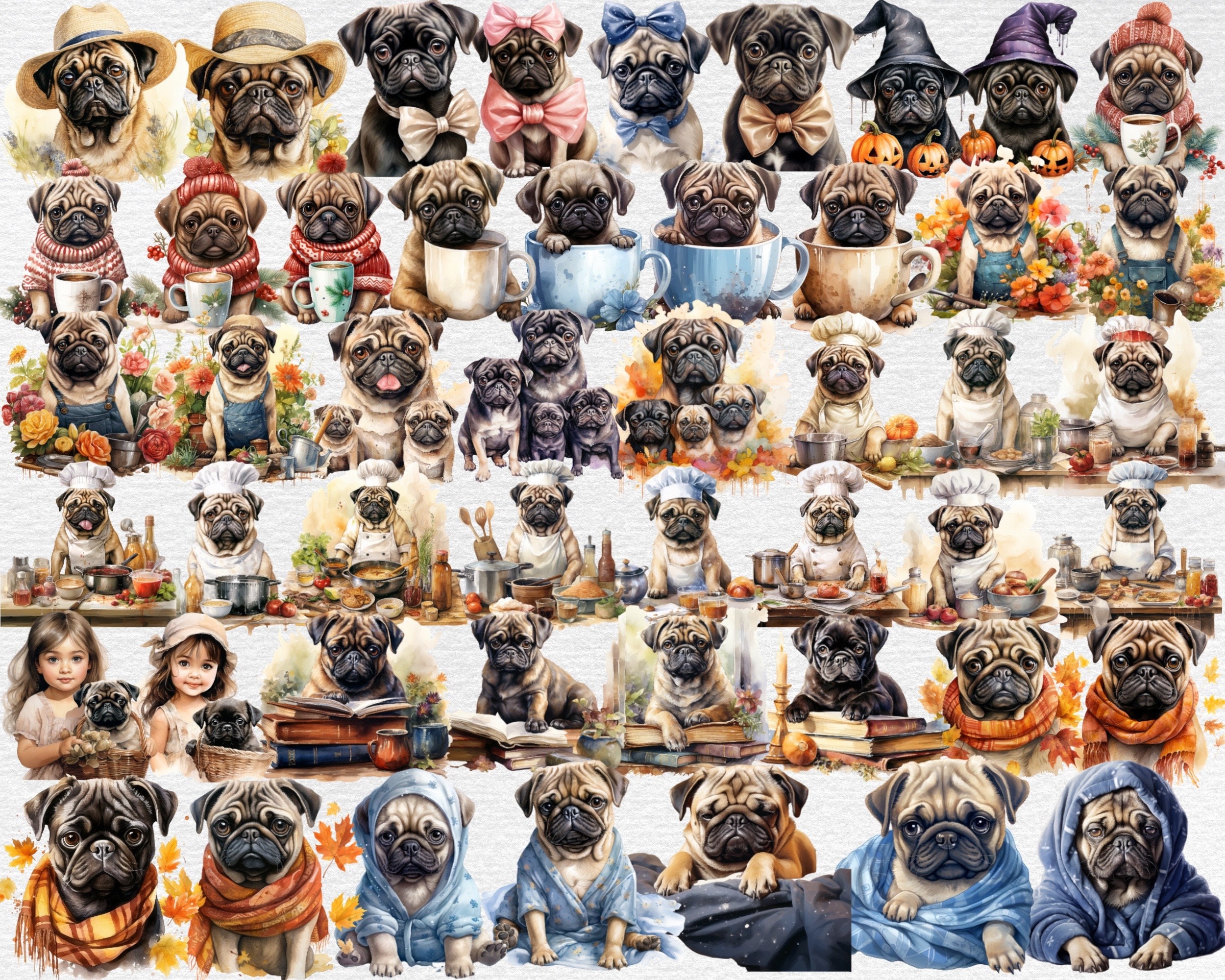 Pugs Watercolor Clipart Bundle - 346 PNG Adorable Pug Images, Cute Dog ...