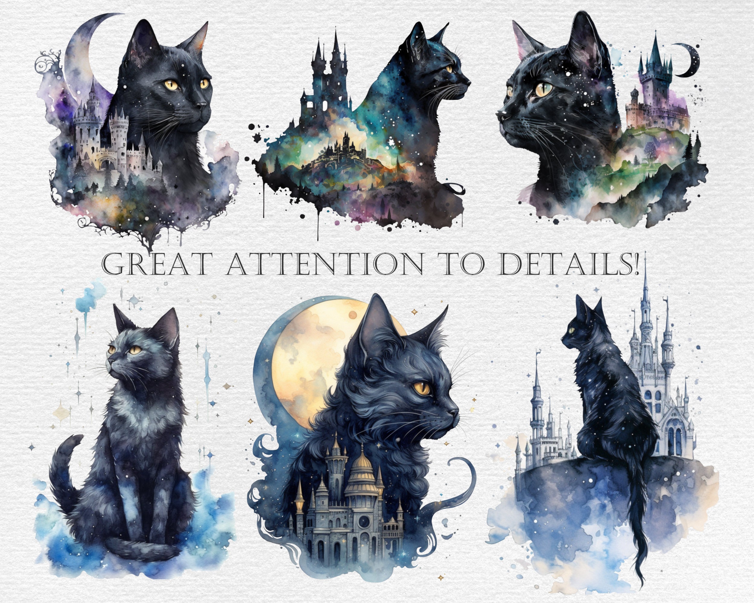 Fantasy Black Cats Clipart Midnight Cats With Castle Clipart - Etsy