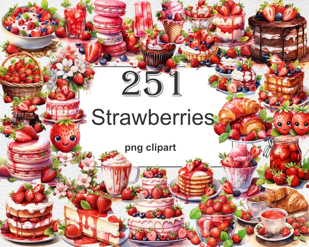 Strawberries Watercolor Clipart Bundle - 251 PNG Images of Refreshing ...