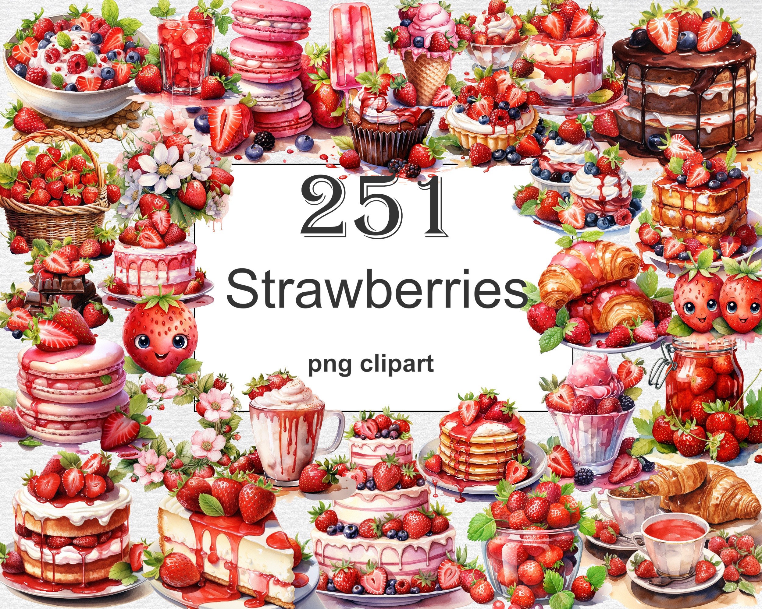 Strawberries Watercolor Clipart Bundle 251 PNG Images of Refreshing ...