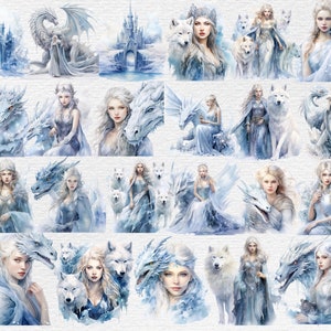 Watercolor Winter Ice Queen Clipart Bundle PNG, Magical Winter ...