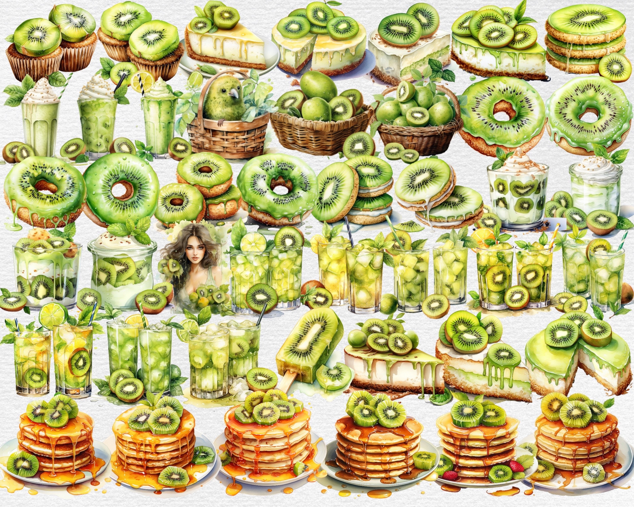 Kiwi Watercolor Clipart Bundle - 220 PNG Delicious Kiwi Images, Green ...