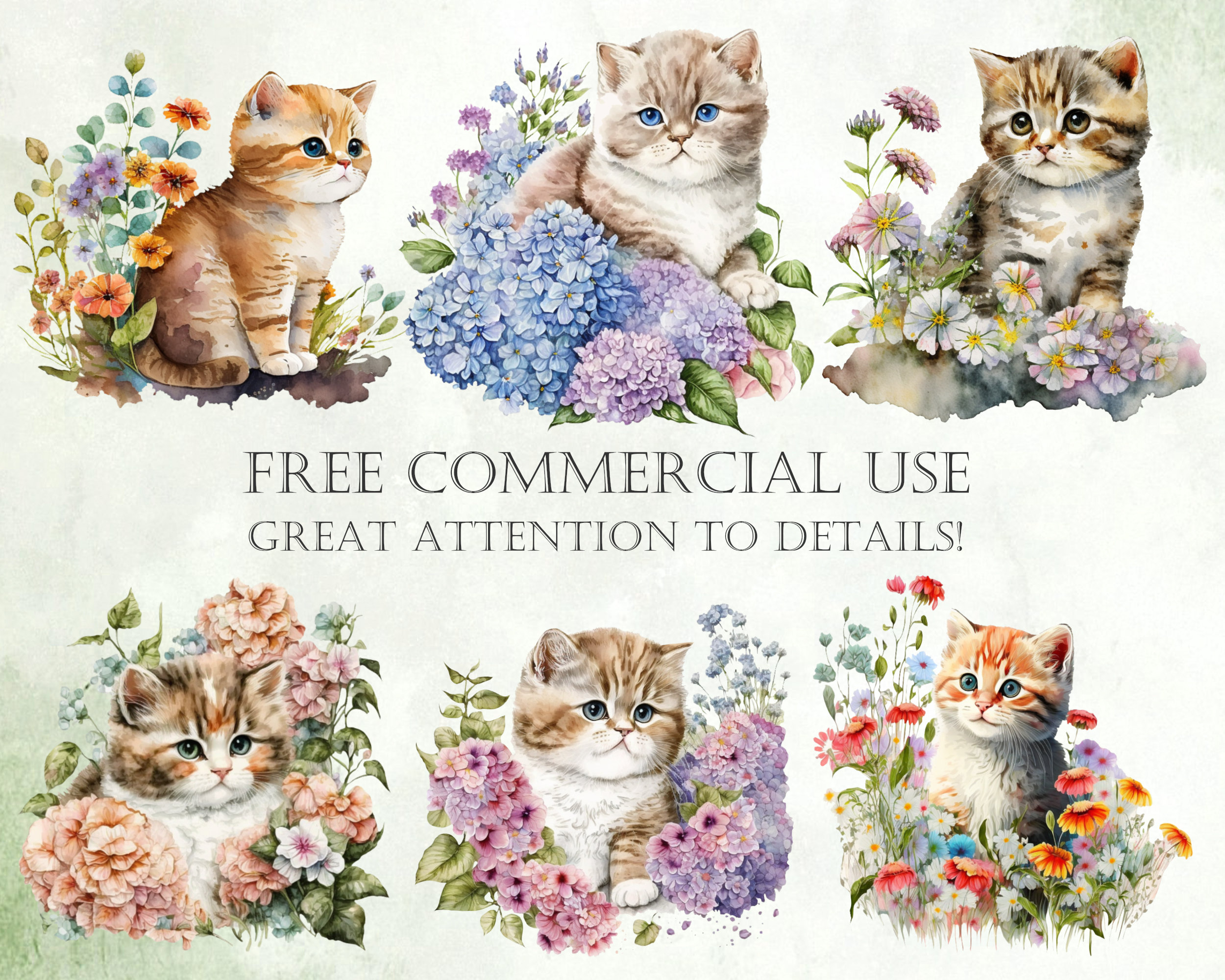 Watercolour Cute Kittens Clipart, Floral Cat Clipart, Instant Download ...