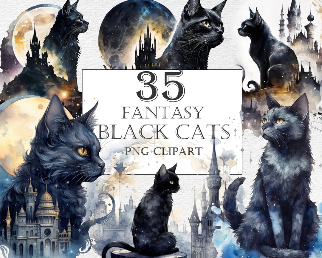Fantasy Black Cats Clipart, Midnight Cats With Castle Clipart, Cosmic ...