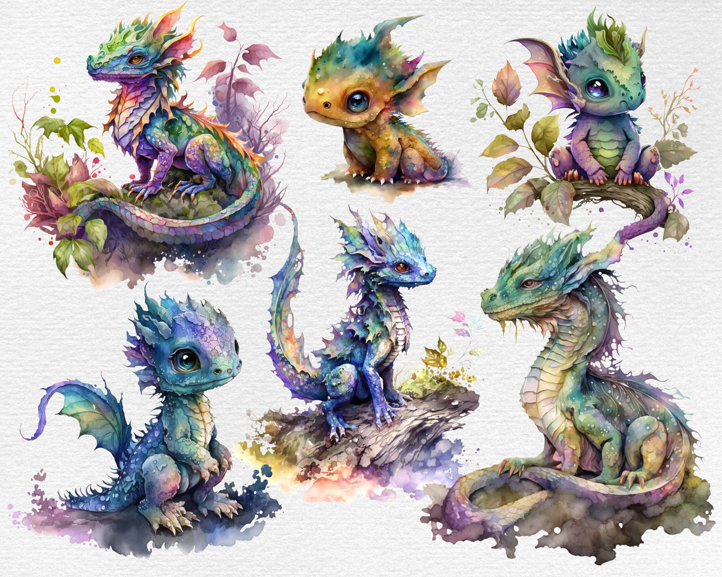 Floral Watercolor Dragon Clipart, Fairy Cute Baby Dragon Png, Rainbow ...