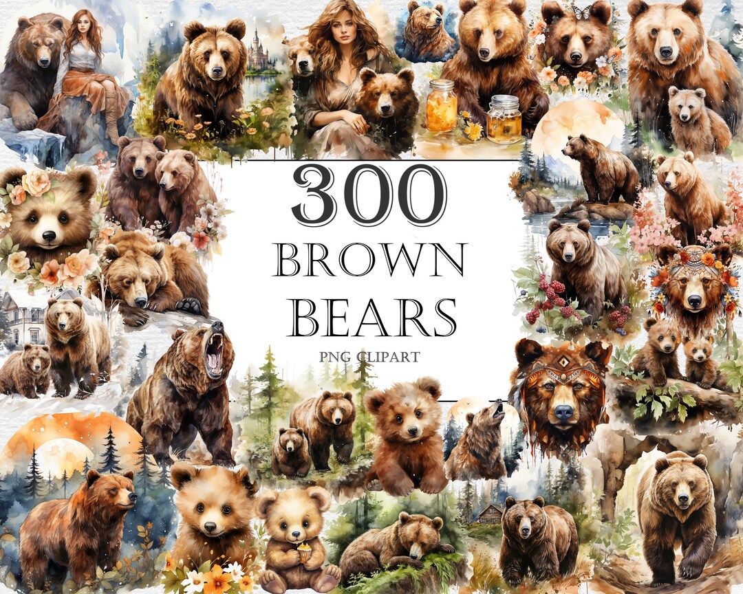 Brown Bears Watercolor Clipart Bundle - 300 PNG Grizzly Images ...