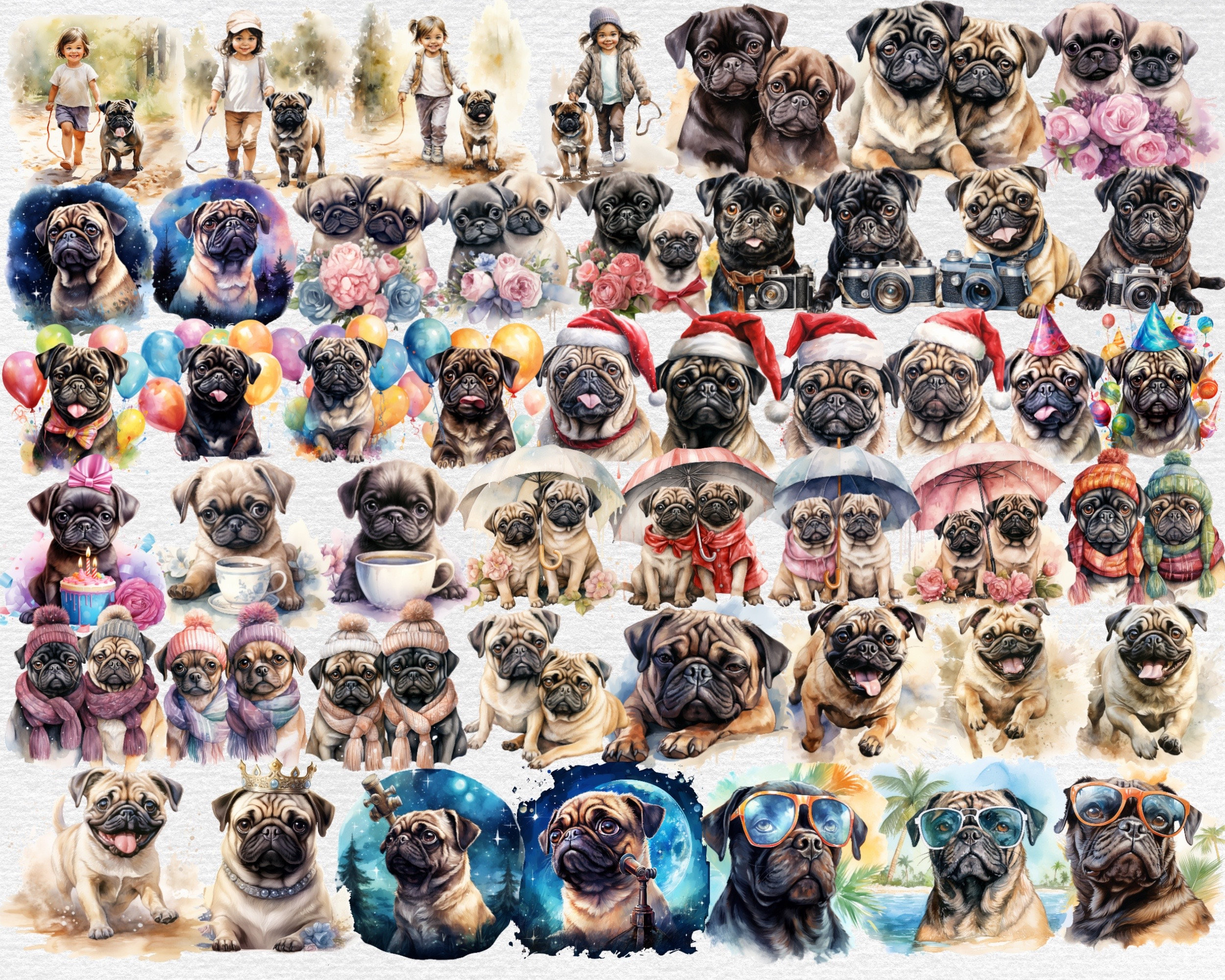 Pugs Watercolor Clipart Bundle - 346 PNG Adorable Pug Images, Cute Dog ...