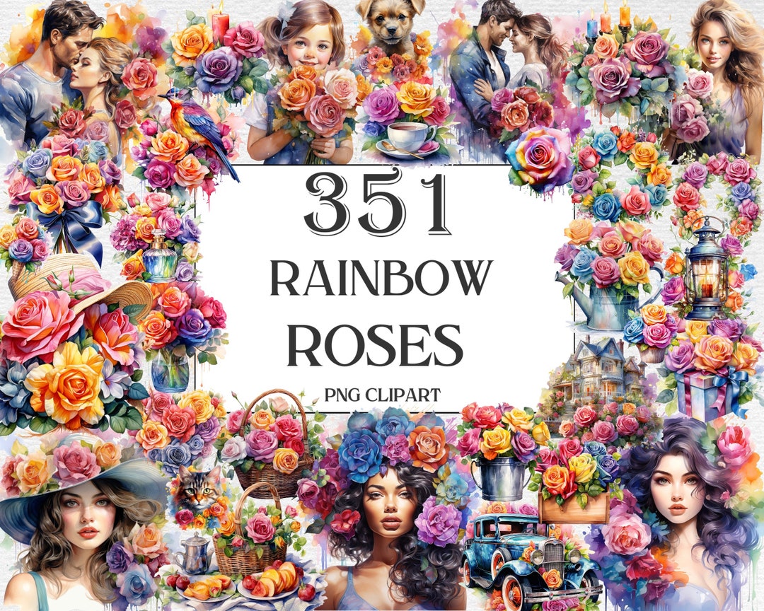 Watercolor Rainbow Roses Clipart Bundle - 351 PNG Images of Summer ...