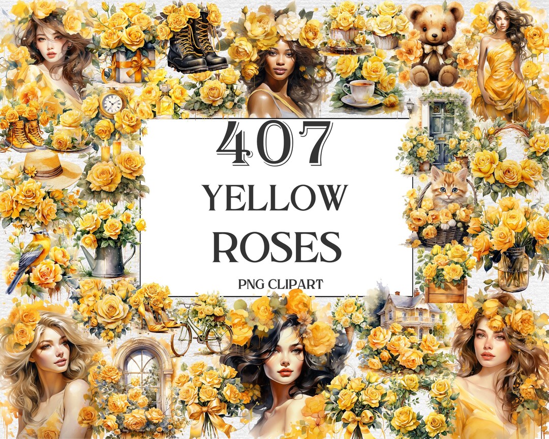Watercolor Yellow Roses Clipart Bundle - 407 PNG Images of Summer ...