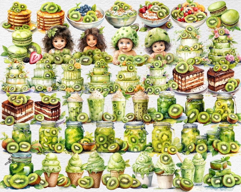 Kiwi Watercolor Clipart Bundle - 220 PNG Delicious Kiwi Images, Green ...