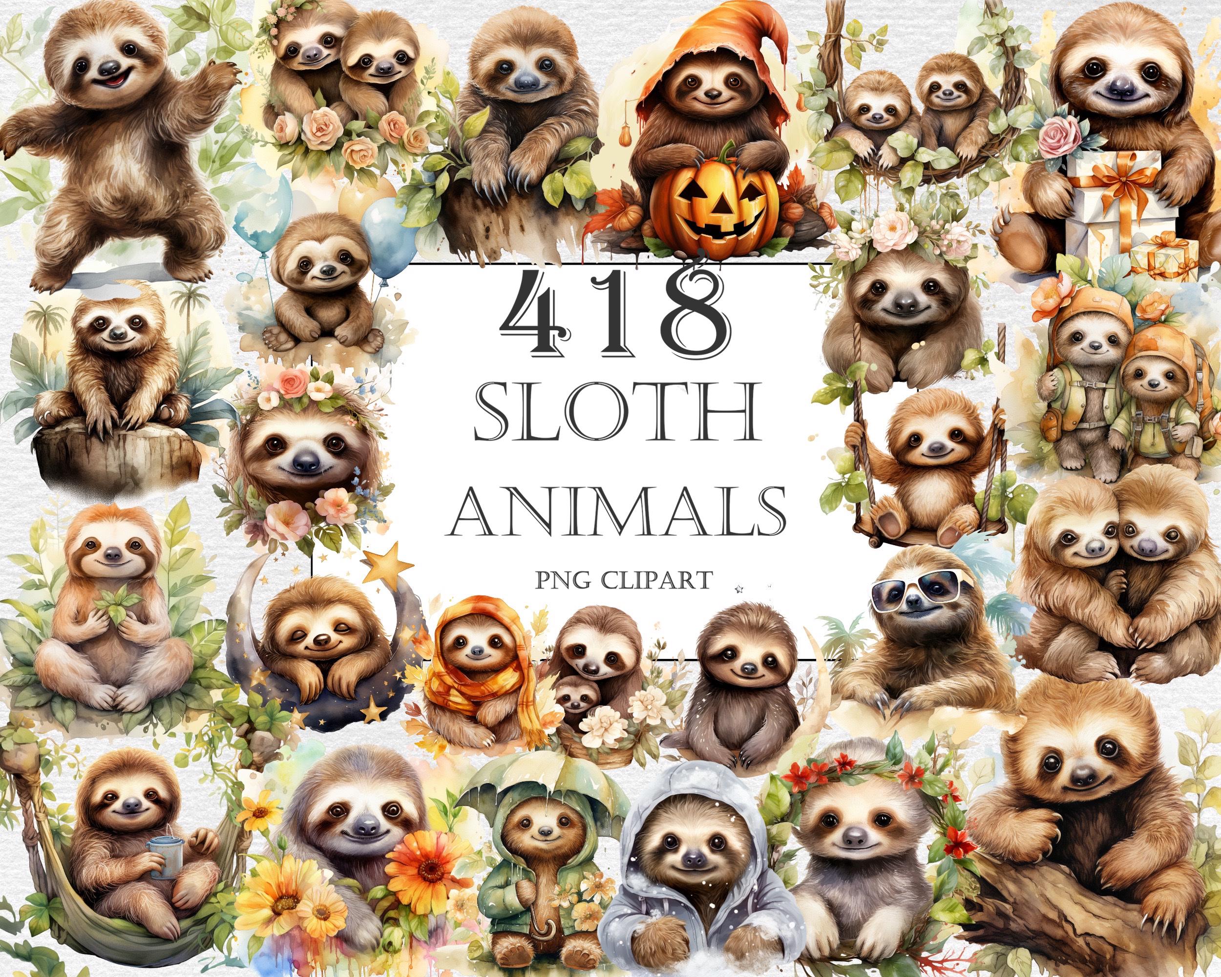 Sloths Watercolor Clipart Bundle - 418 PNG Cute Jungle Sloths Images ...