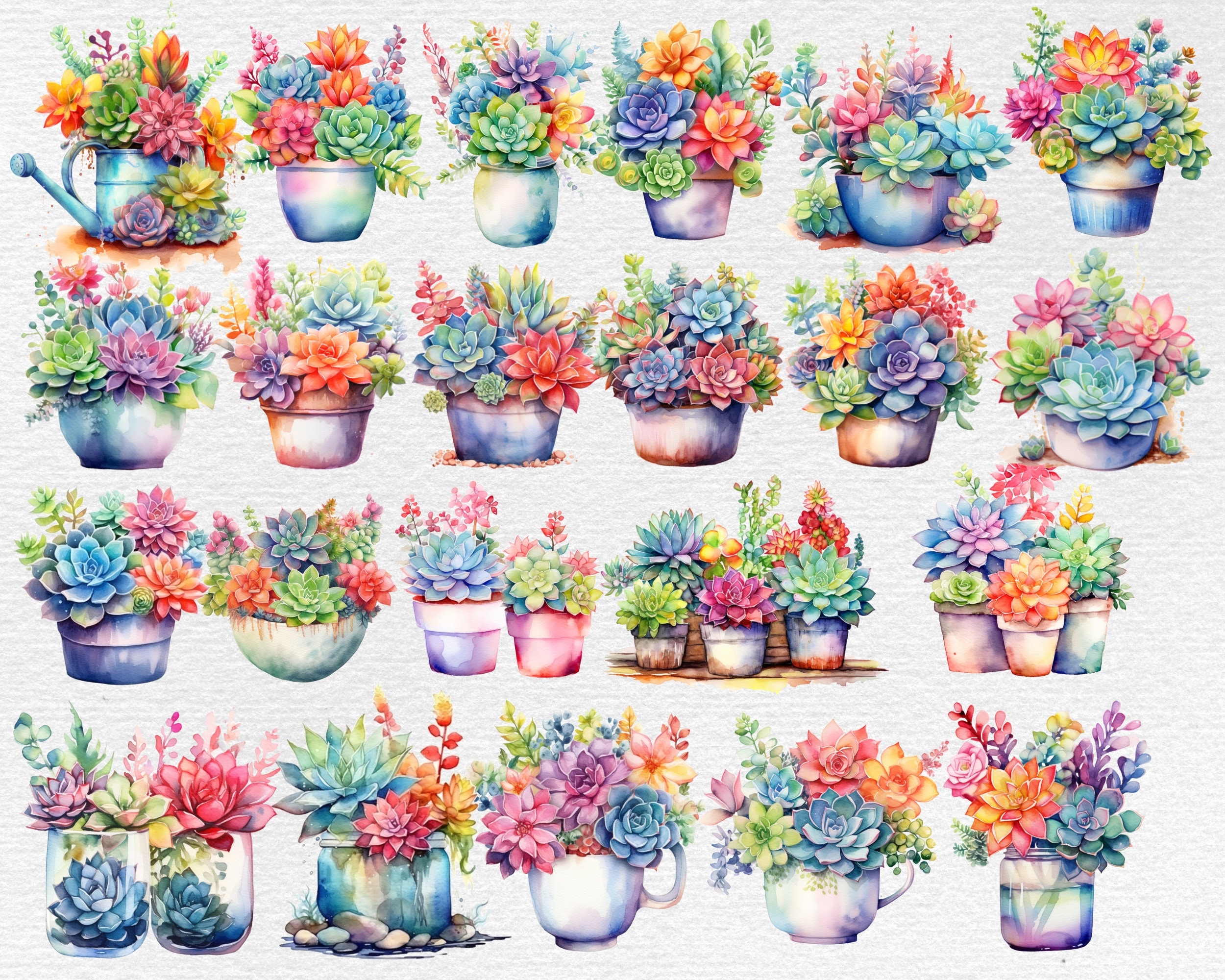 86 Rainbow Watercolor Succulents Plants in Pots, Houseplants, Desert ...