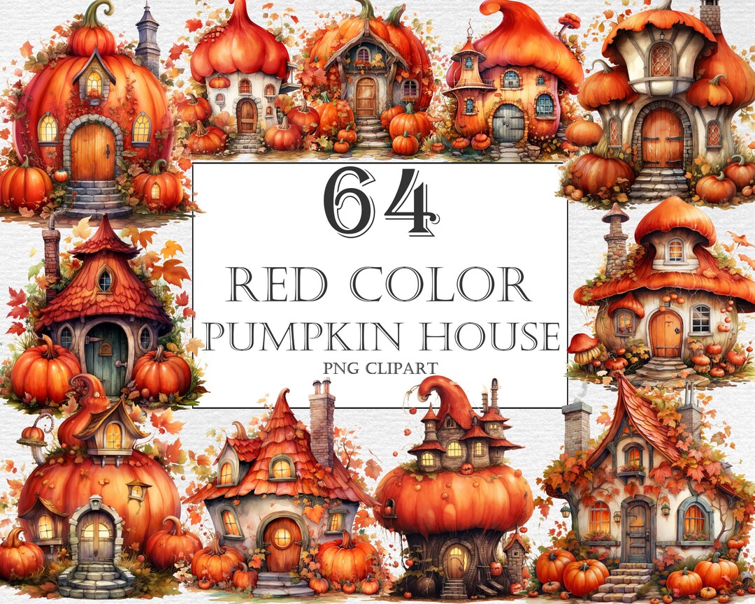 Red Watercolor Pumpkin House Clipart, 64 PNG Autumn Pumpkin Cottage ...