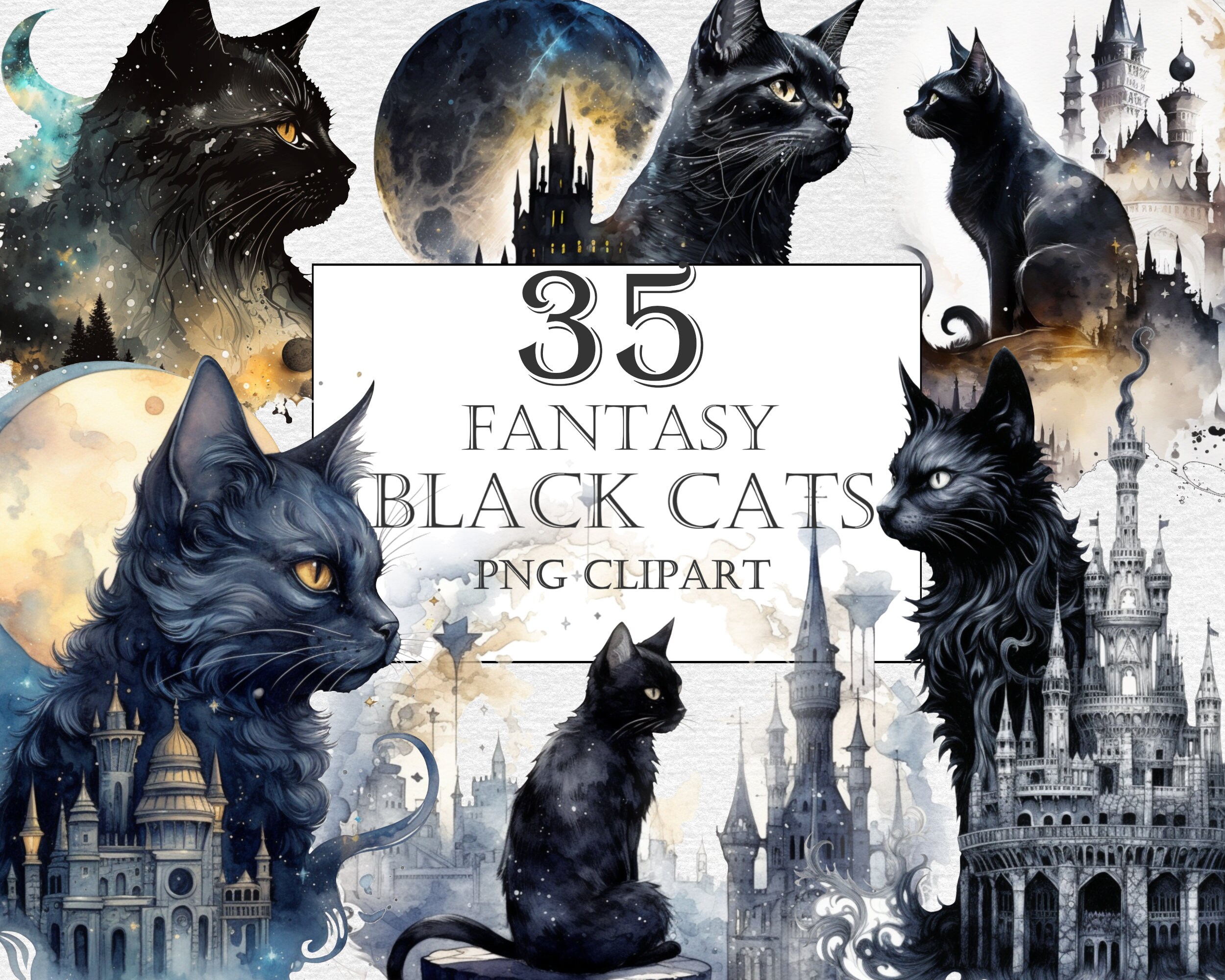 Fantasy Black Cats Clipart Midnight Cats With Castle Clipart - Etsy