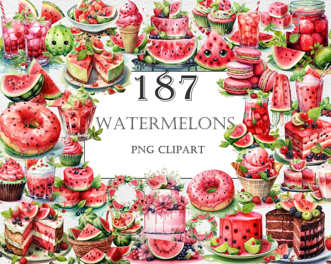 Watermelons Watercolor Clipart Bundle - 187 PNG Images of Berries Cake ...