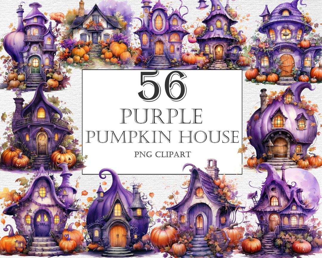 Purple Watercolor Pumpkin House Clipart, 100 PNG Autumn Pumpkin Cottage ...