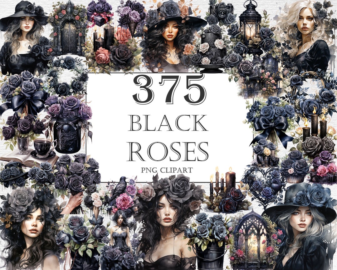 Black Gothic Roses Flowers Watercolor Clipart Bundle - 375 PNG Dark ...