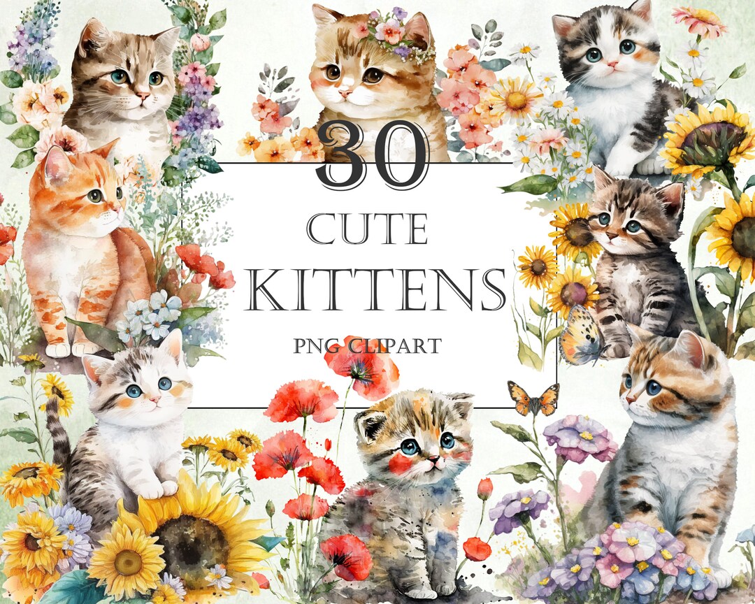 Watercolour Cute Kittens Clipart Floral Cat Clipart Instant - Etsy