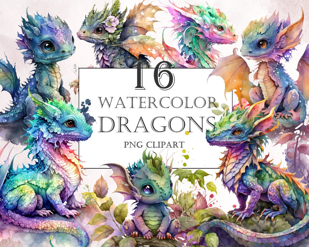 Floral Watercolor Dragon Clipart, Fairy Cute Baby Dragon Png, Rainbow ...