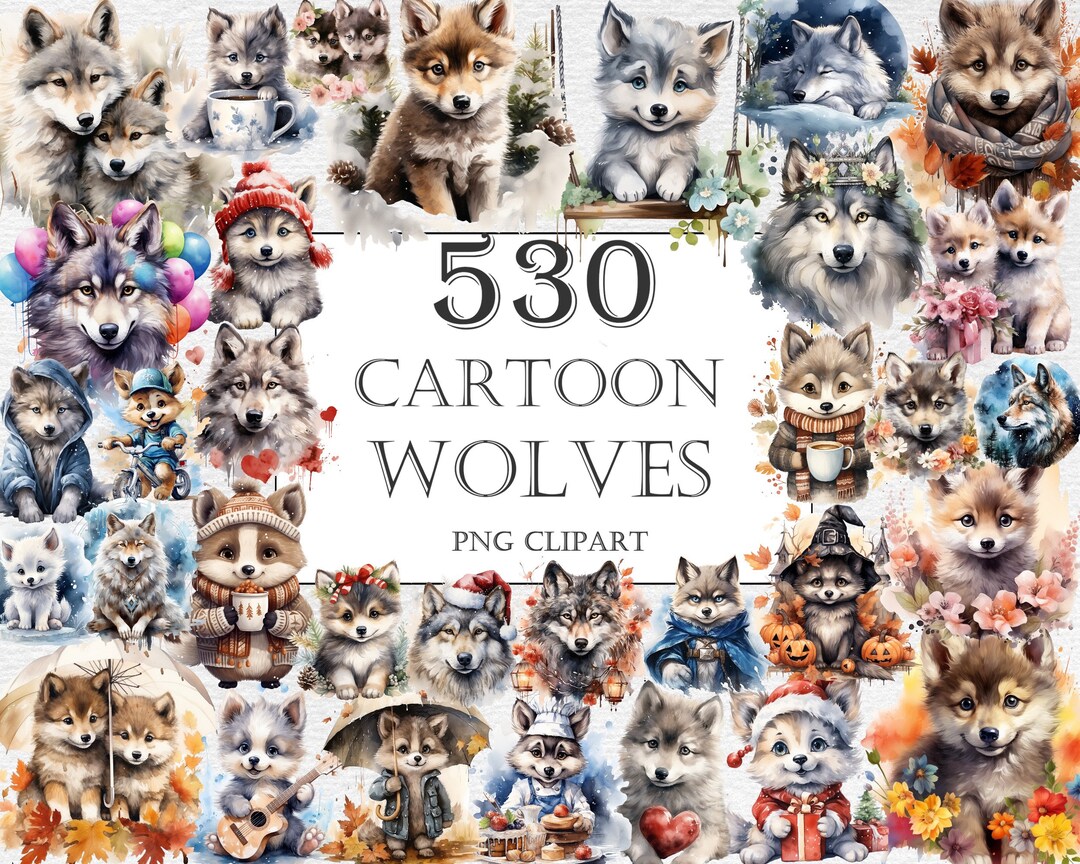 Cartoon Wolves Watercolor Clipart Bundle - 530 PNG Cute Adorable Wolf ...