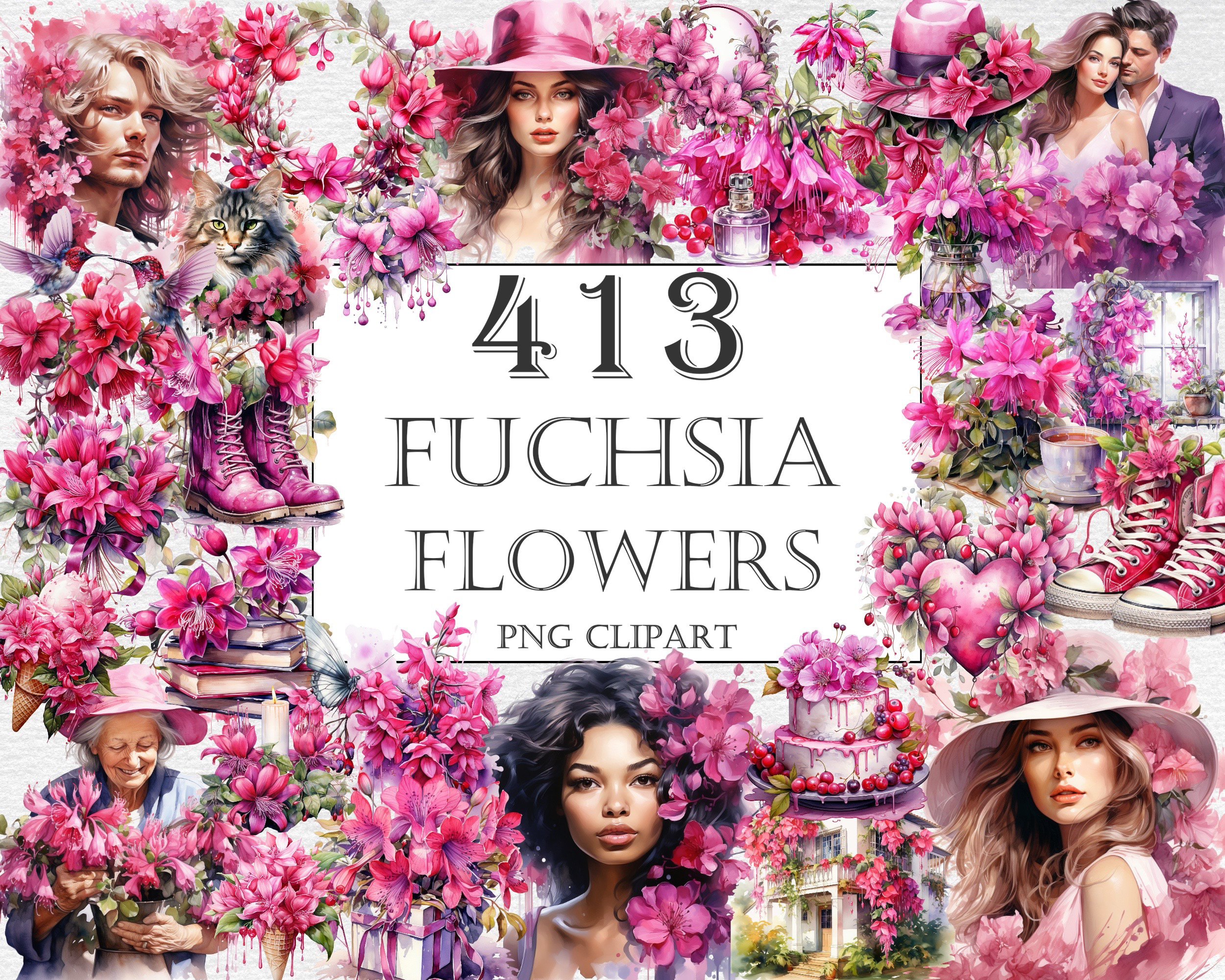 Fuchsia Flowers Watercolor Clipart Bundle 413 PNG Flower Images ...