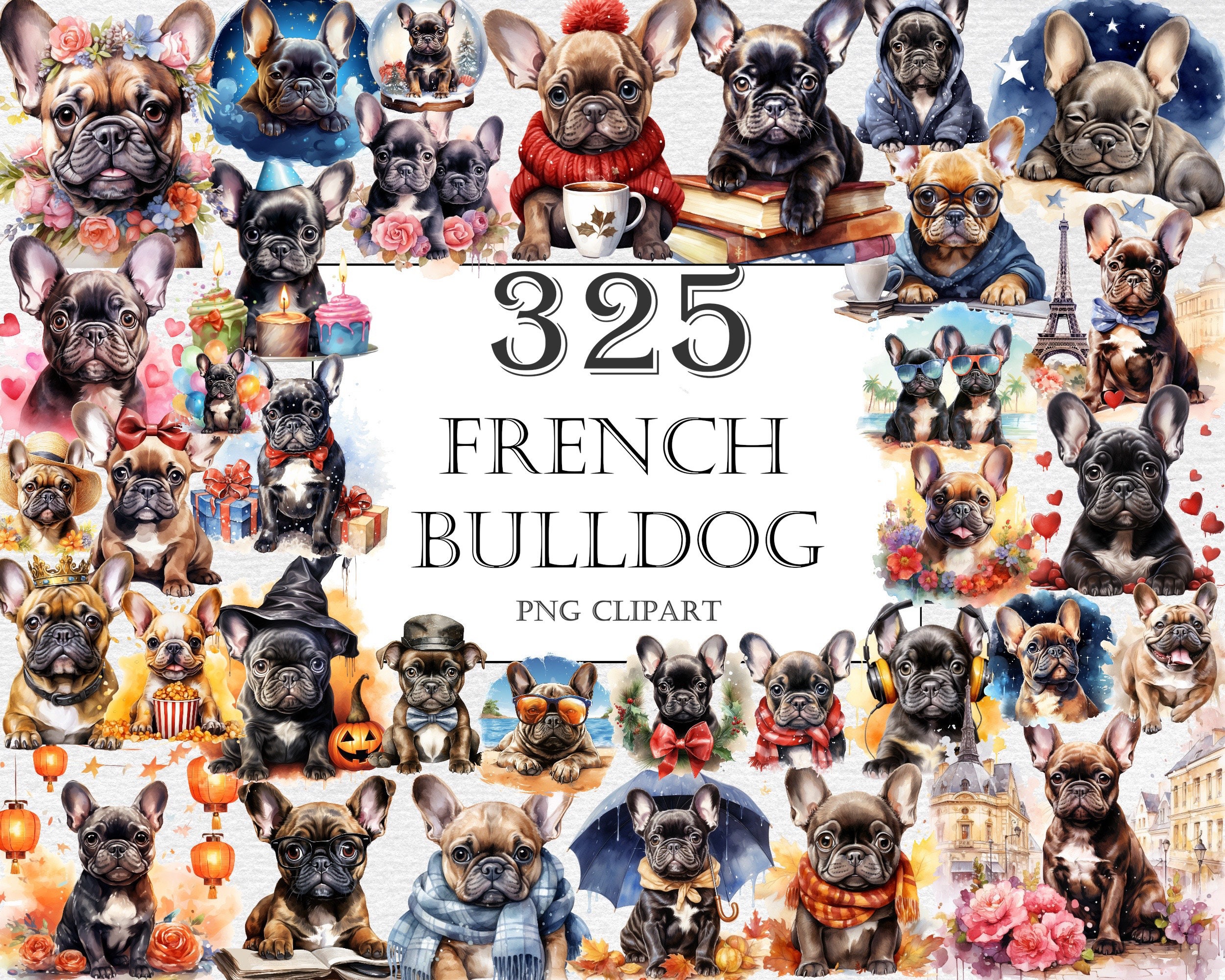 French Bulldog Watercolor Clipart Bundle - 325 PNG Adorable Dog Images ...