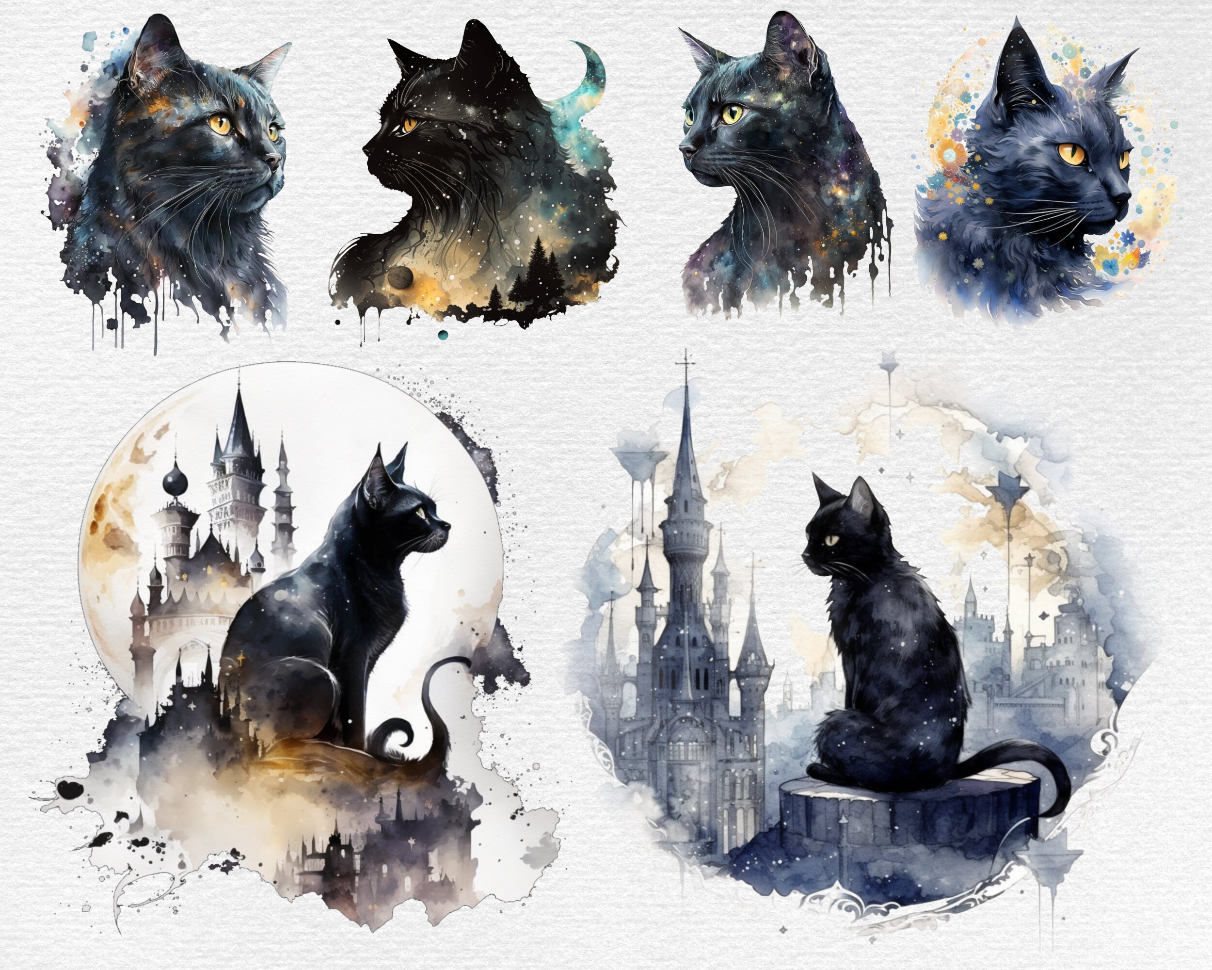 Fantasy Black Cats Clipart Midnight Cats With Castle Clipart - Etsy