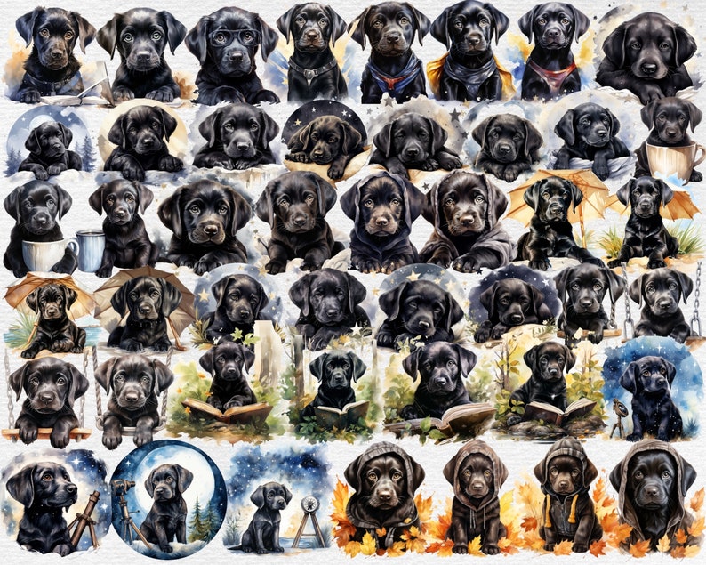 Black Labrador Watercolor Clipart Bundle, 344 PNG Adorable Labrador ...