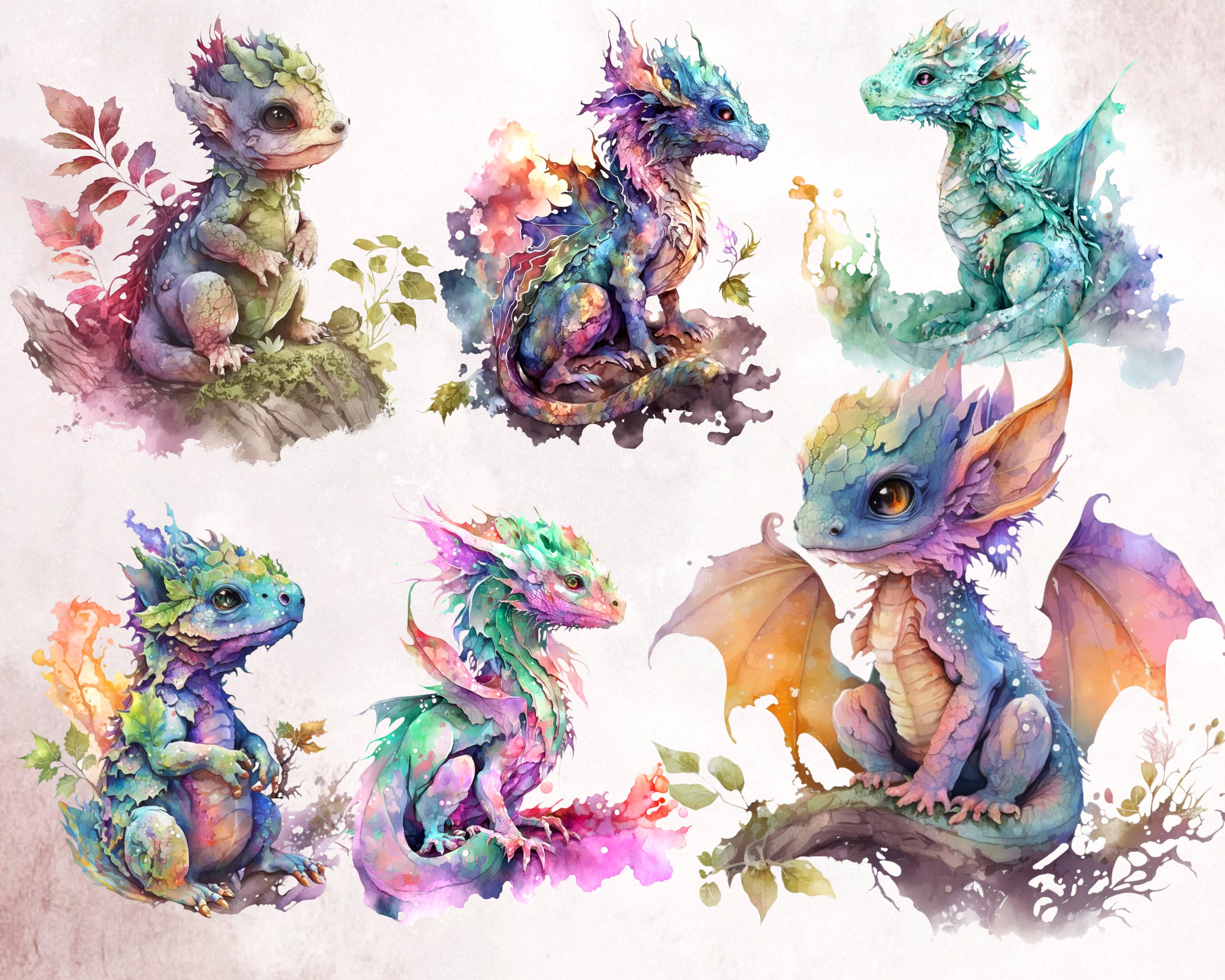 Floral Watercolor Dragon Clipart, Fairy Cute Baby Dragon Png, Rainbow ...