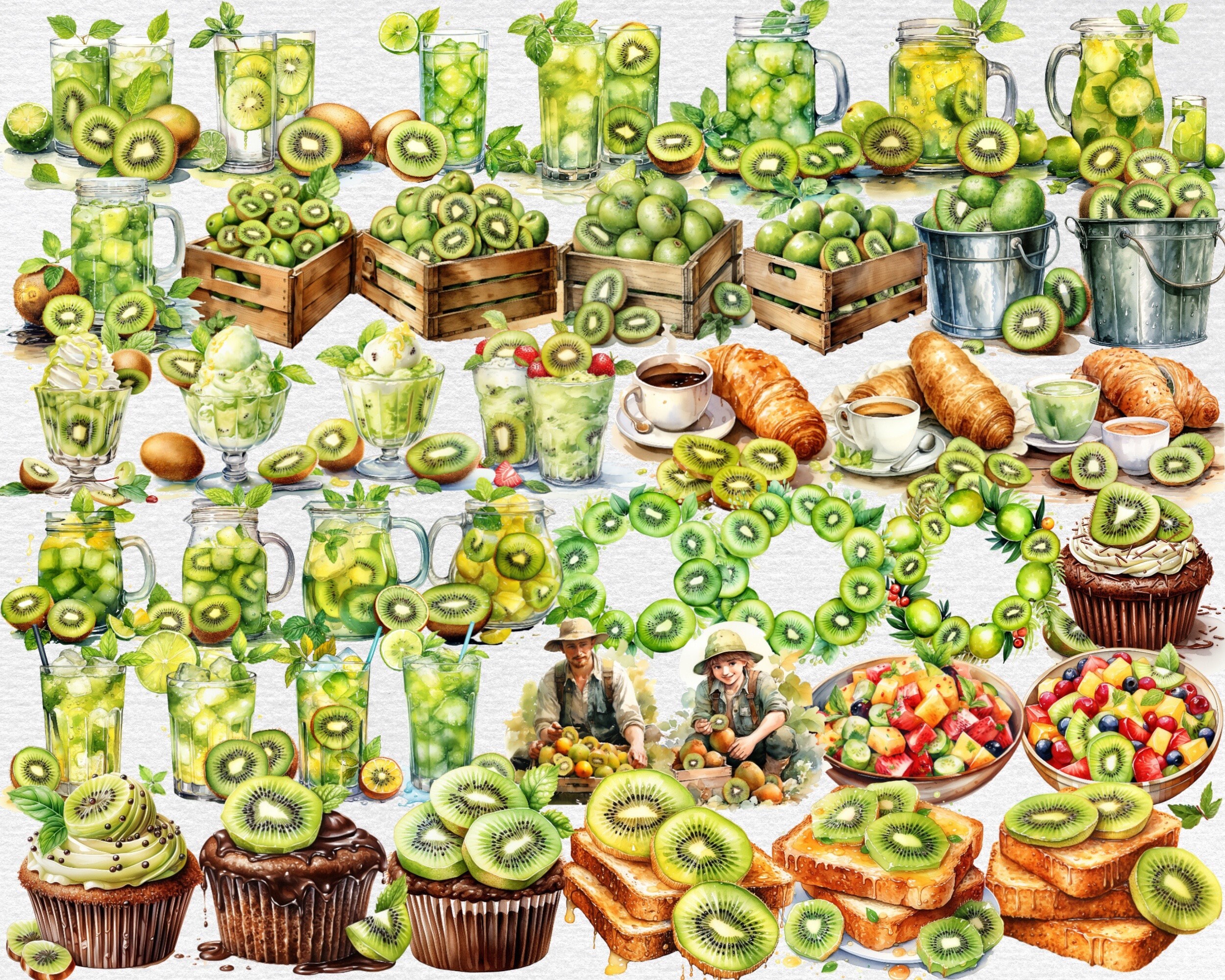 Kiwi Watercolor Clipart Bundle - 220 PNG Delicious Kiwi Images, Green ...