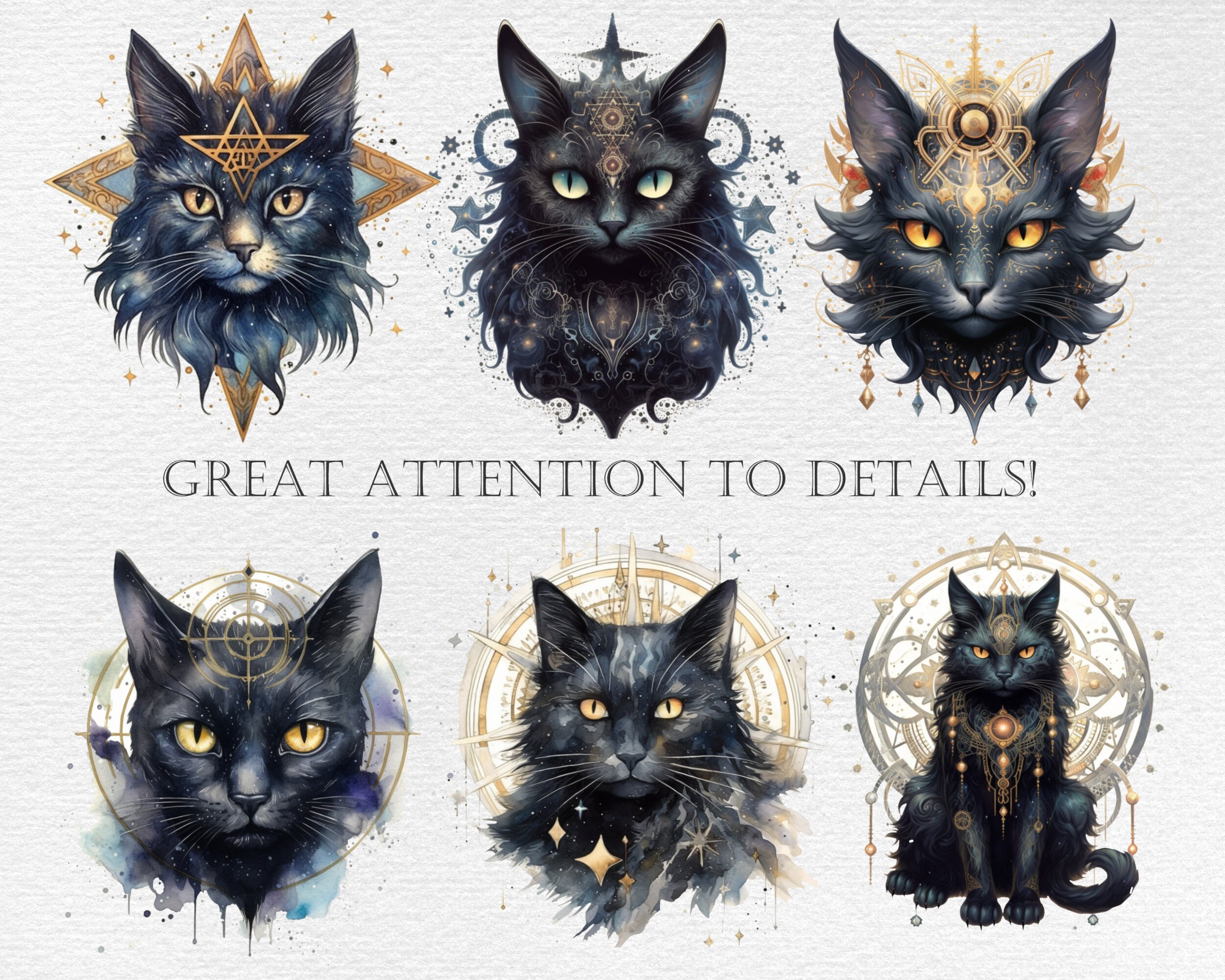 Celestial Watercolour Cats Clipart, Fantasy Black Cats Clipart, Cats ...