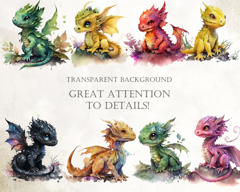 Watercolor Baby Dragon Clipart Png Cute Beautiful Fantasy - Etsy