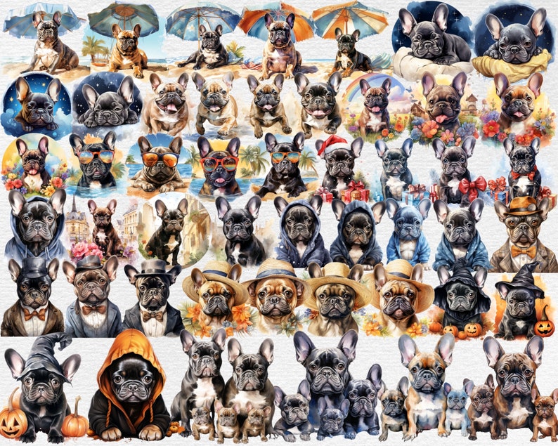 French Bulldog Watercolor Clipart Bundle - 325 PNG Adorable Dog Images ...