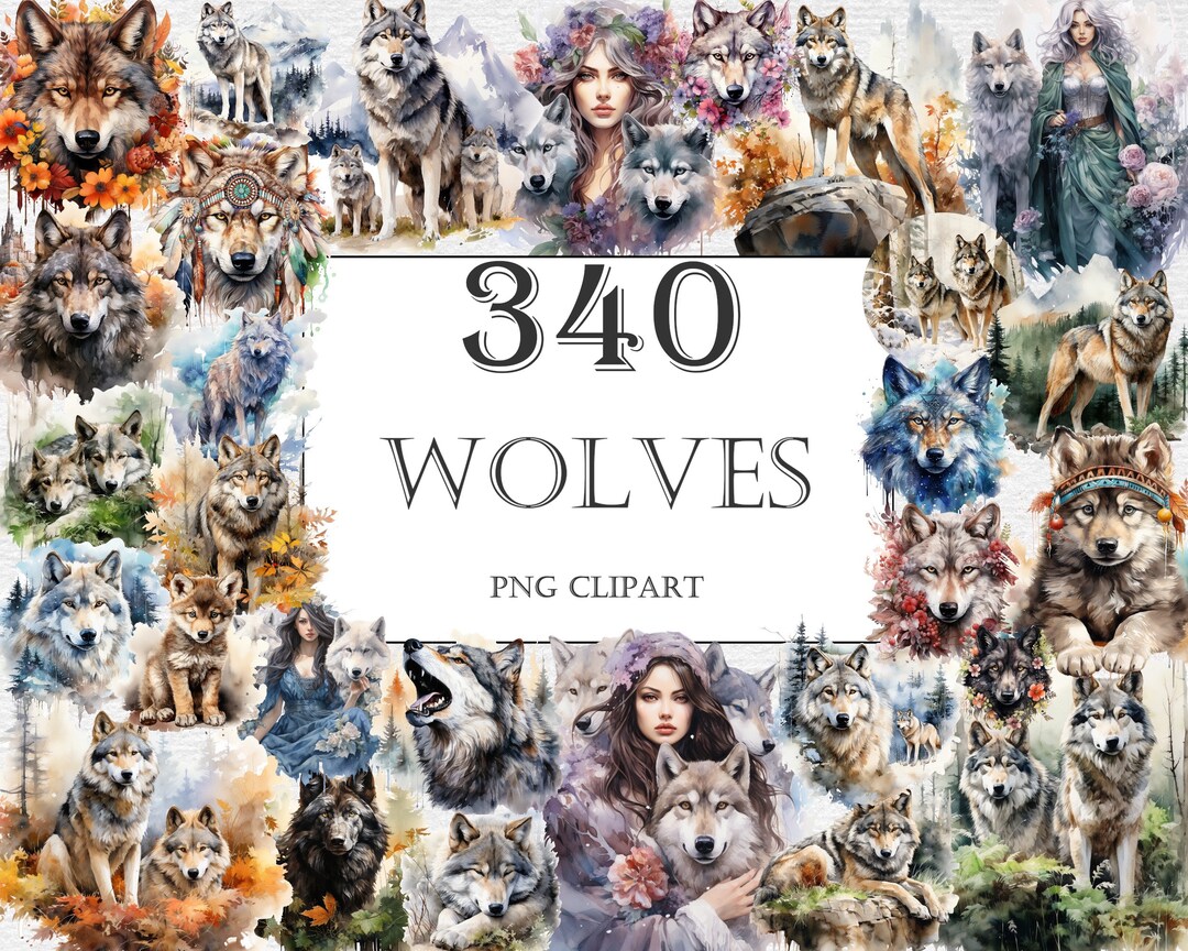 Wolves Watercolor Clipart Bundle - 340 PNG Wolf Fairytale Images ...