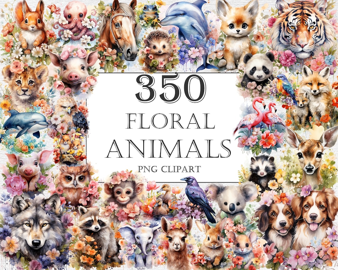 Animals With Flowers Watercolor Clipart Bundle - 350 PNG Floral Pets ...