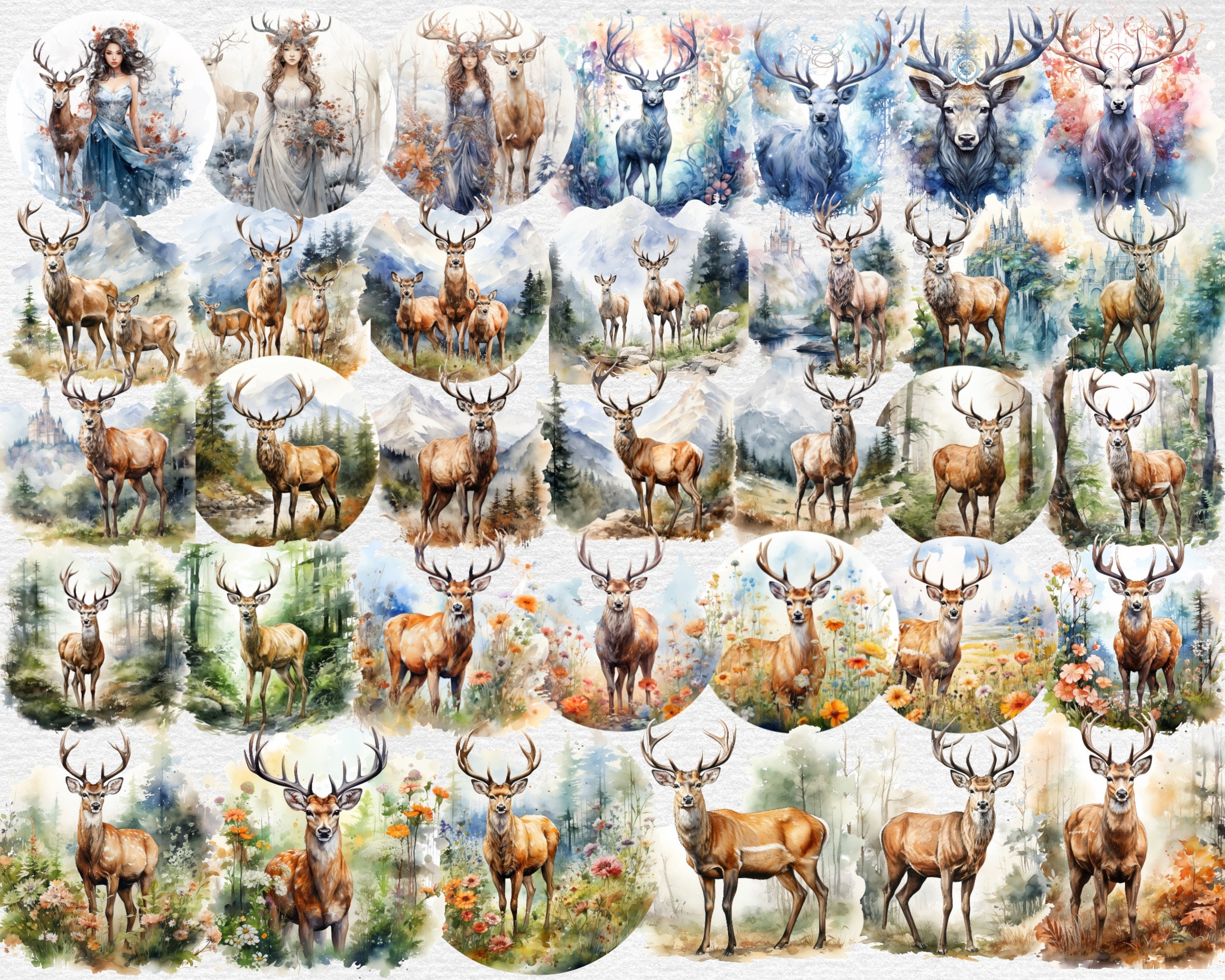 Deer Watercolor Clipart Bundle - 251 PNG Doe Images, Wildlife Graphics ...