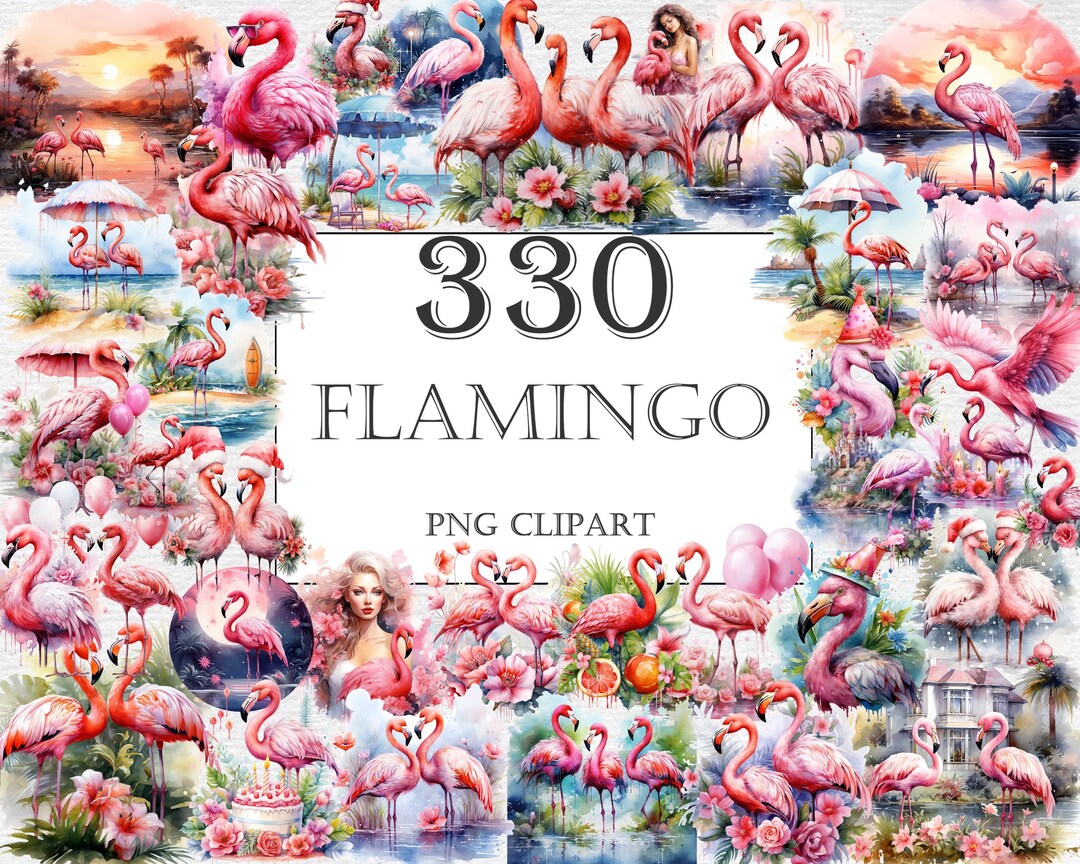 Flamingos Watercolor Clipart Bundle - 350 PNG Flamingo Images, Floral ...
