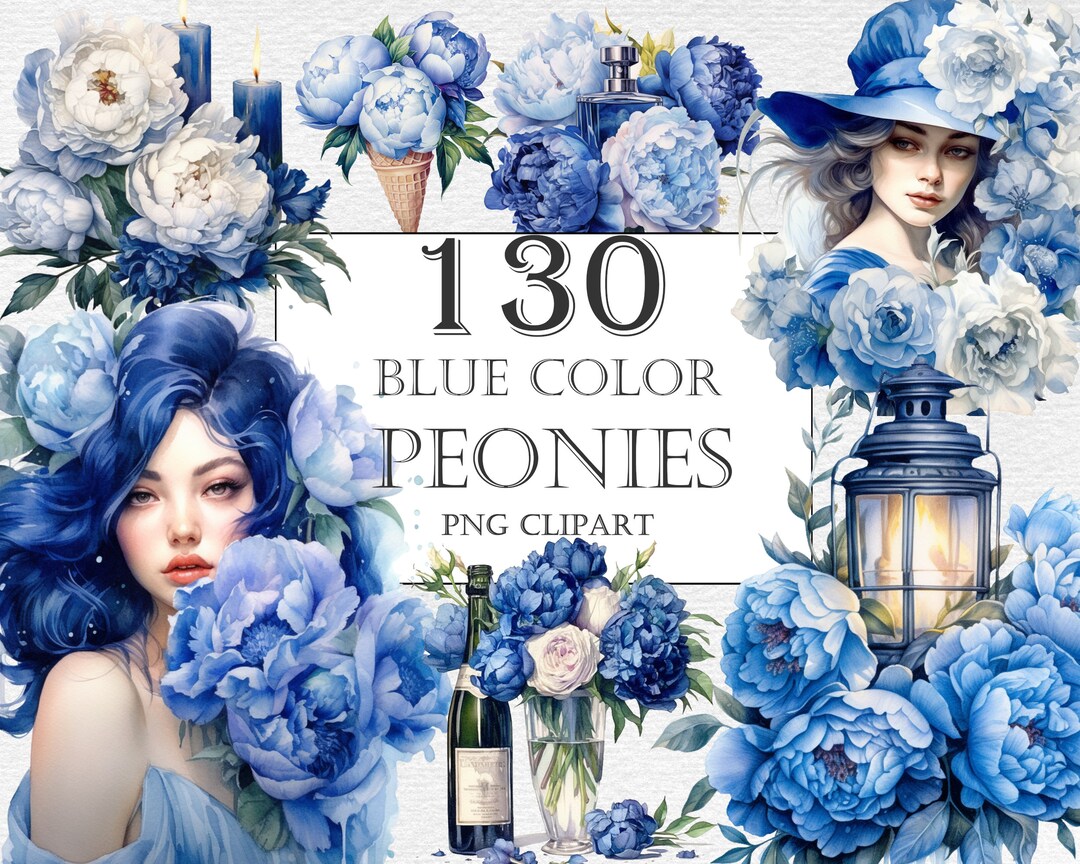 20 PNG Watercolor Blue Peonies Clipart, Blue & Navy Peony Clip Art ...