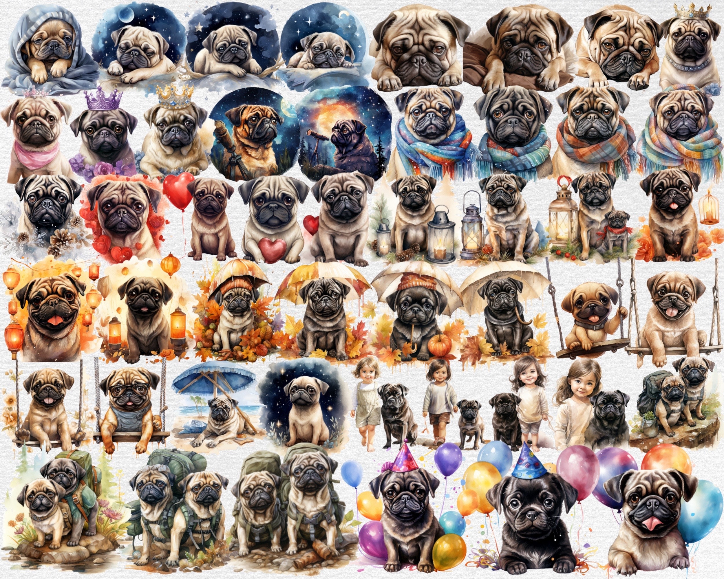 Pugs Watercolor Clipart Bundle - 346 PNG Adorable Pug Images, Cute Dog ...