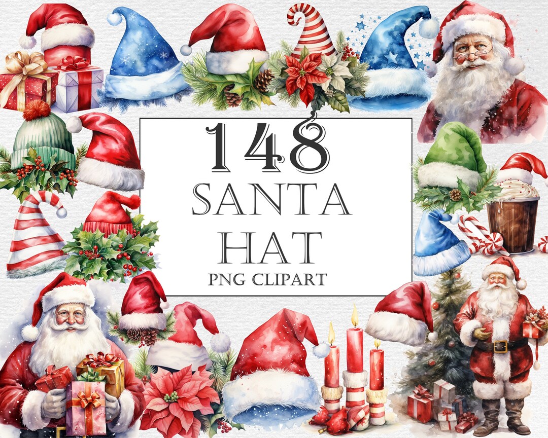 Watercolor Santa Hat Clipart, Xmas Winter, Christmas Decoration, Santa ...