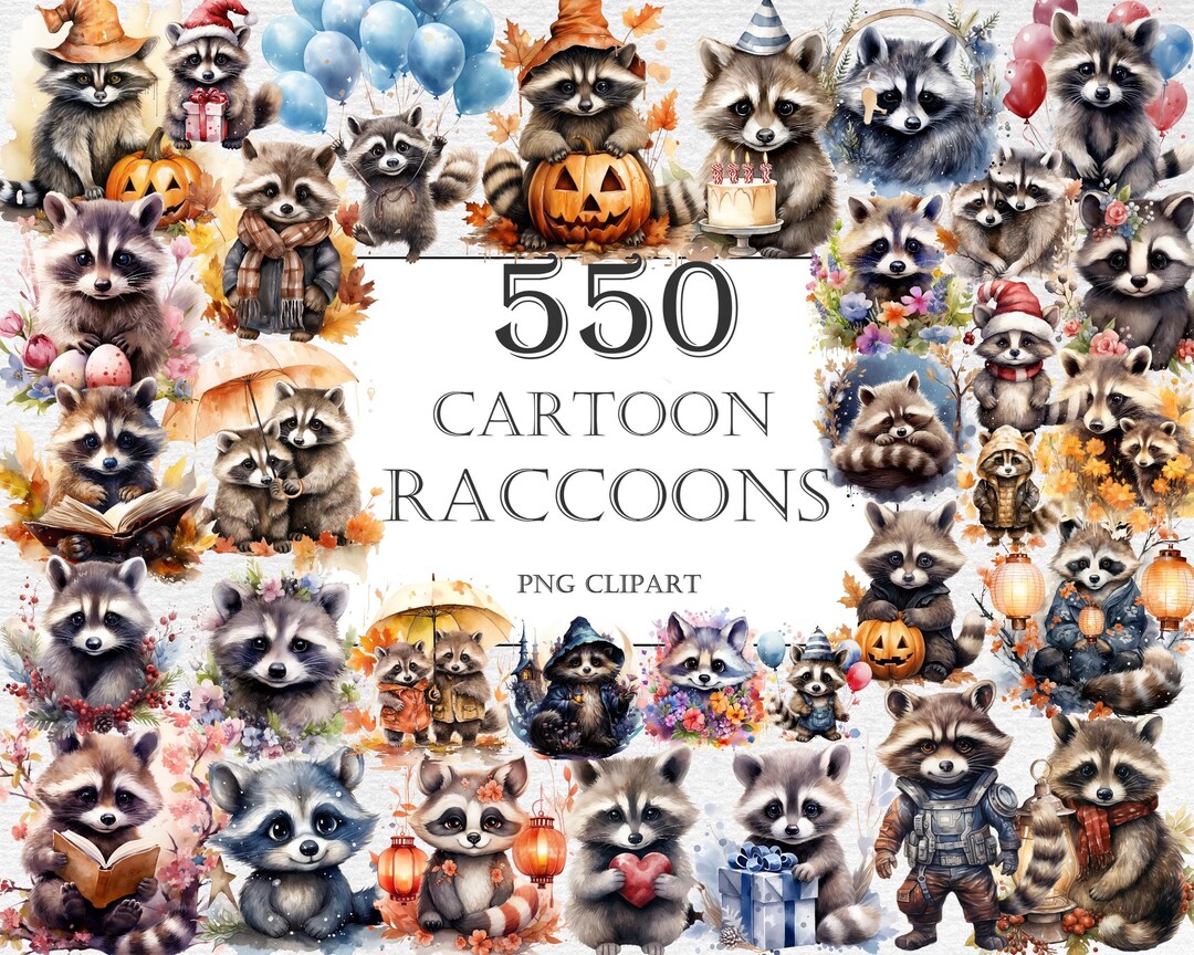 Raccoons Watercolor Clipart Bundle, 550 PNG Cute Forest Raccoon Images ...