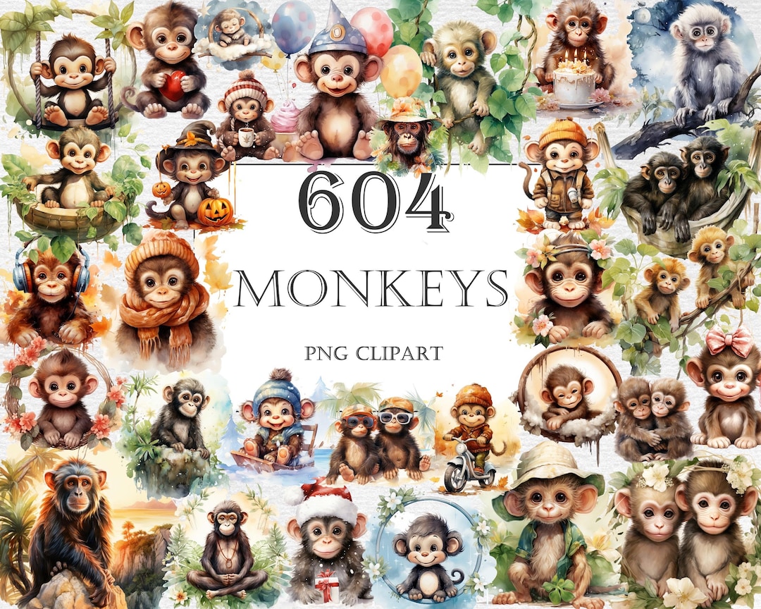 Monkeys Watercolor Clipart Bundle, 604 PNG Cute Jungle Monkey Images ...