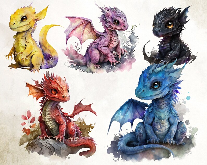 Watercolor Baby Dragon Clipart Png Cute Beautiful Fantasy - Etsy