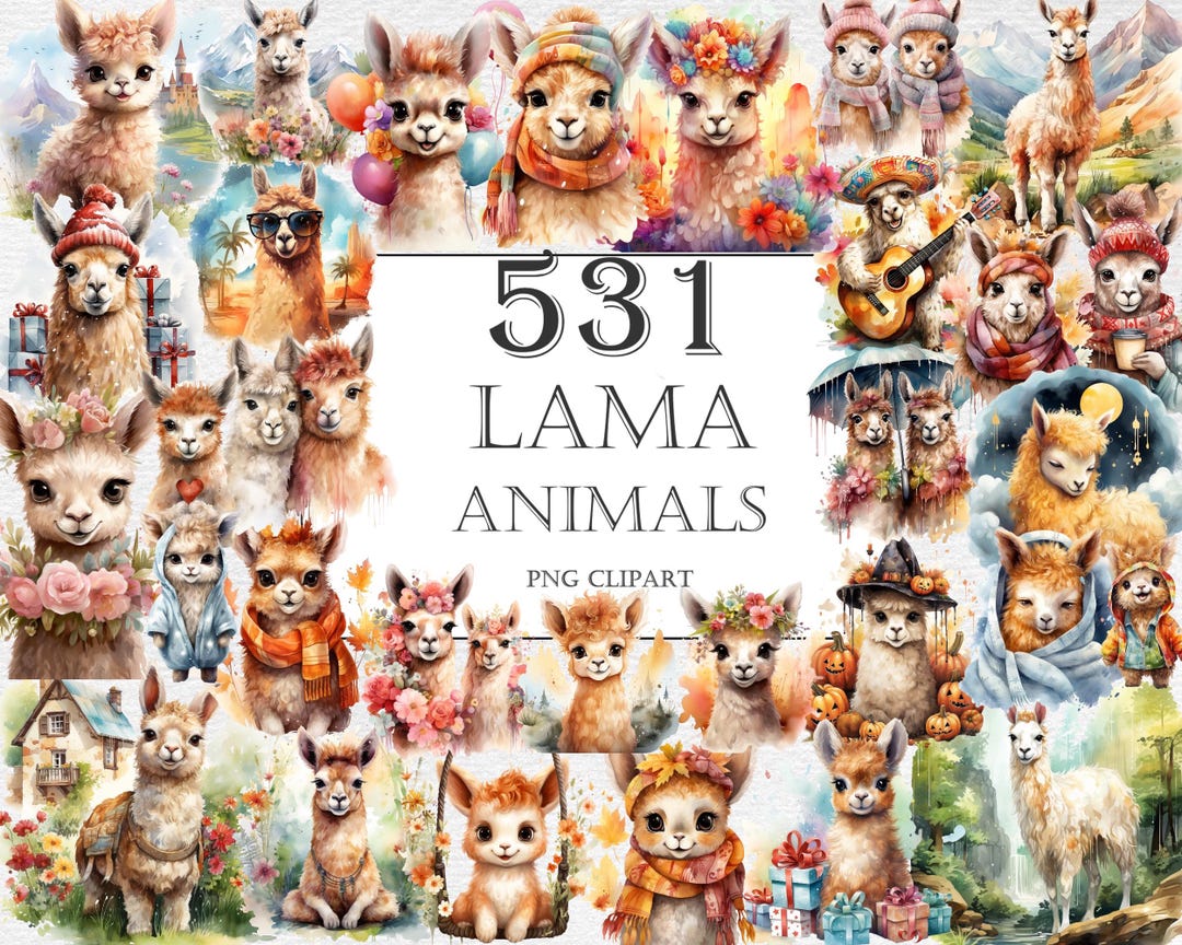 Lamas Watercolor Clipart Bundle - 531 PNG Cute Baby Lamas Images ...