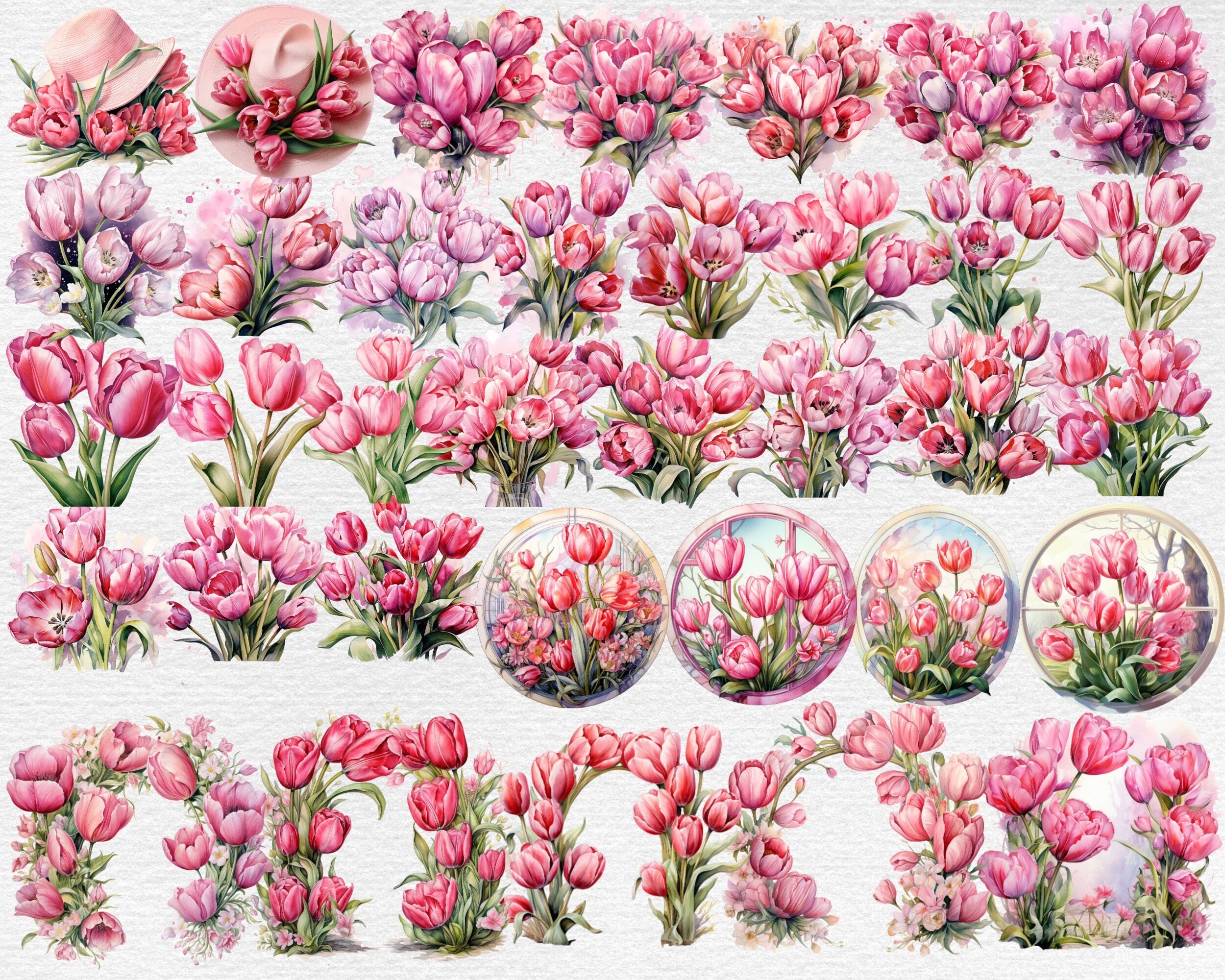 Pink Tulips Watercolor Clipart Bundle, 201 PNG Tulip Flower Images ...