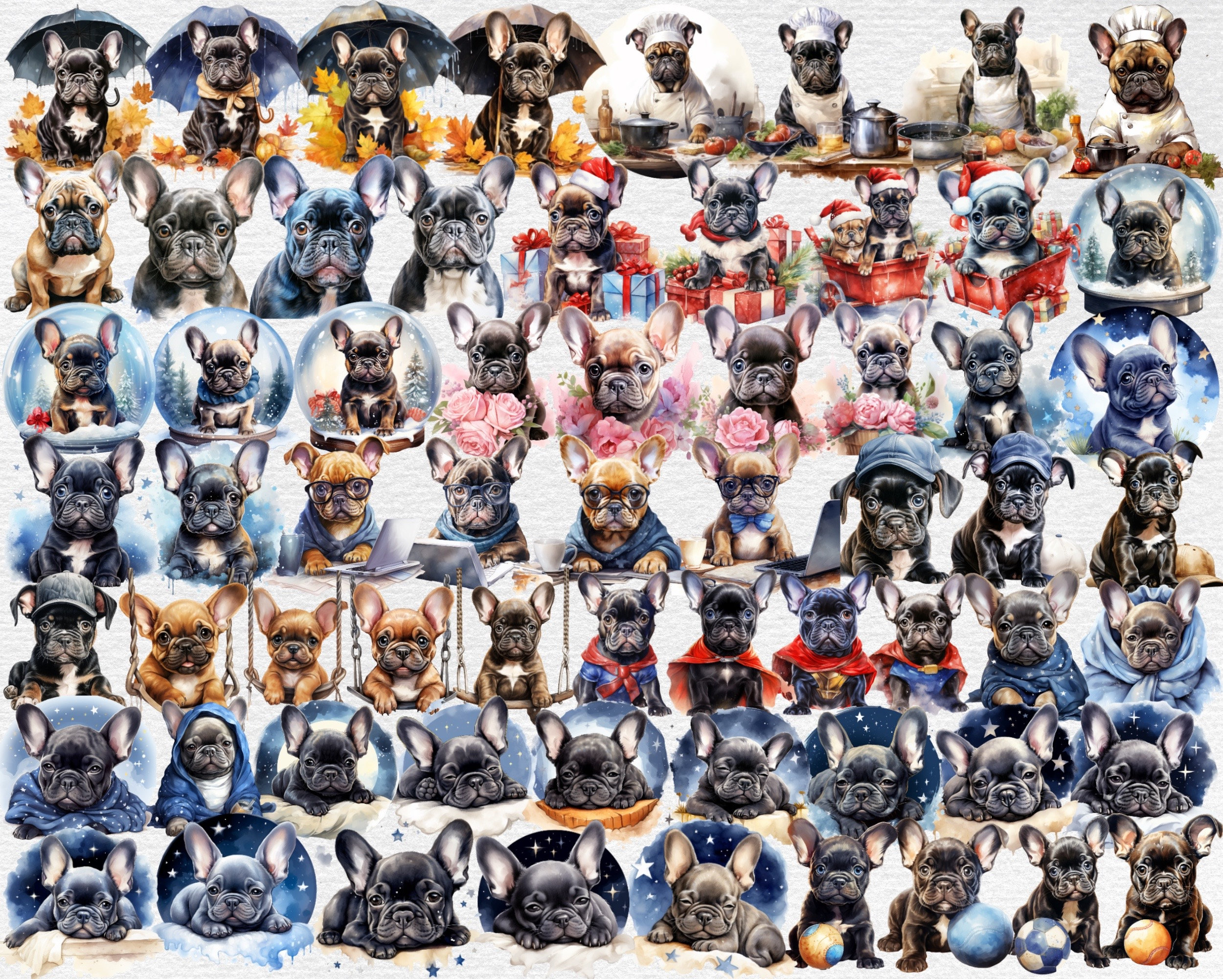 French Bulldog Watercolor Clipart Bundle - 325 PNG Adorable Dog Images ...