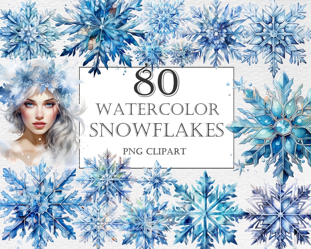 80 Snowflakes Clipart, Snow Clipart, Winter Clipart, Digital Watercolor ...